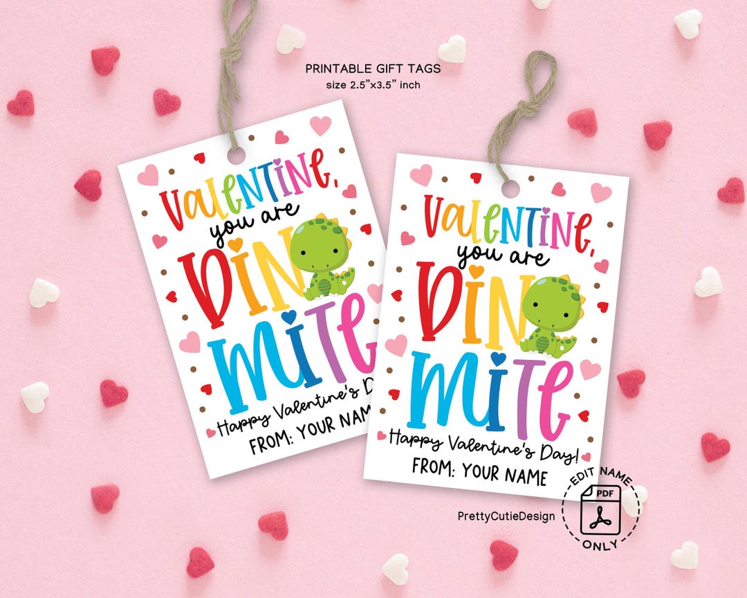 Dinosaur Valentine's Day Tag, Dino-mite Valentine Gift Tag, Printable ...