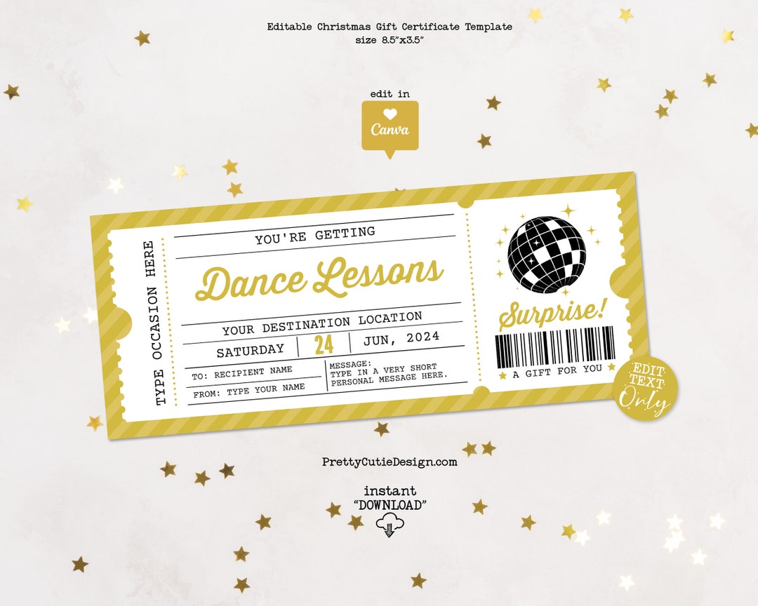 Surprise Ticket Dance Lessons Gift Certificate Template Editable, Dance ...