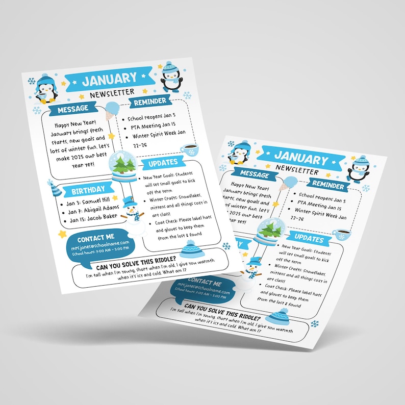 January Classroom Newsletter Template: Winter Penguin Theme (canva ...