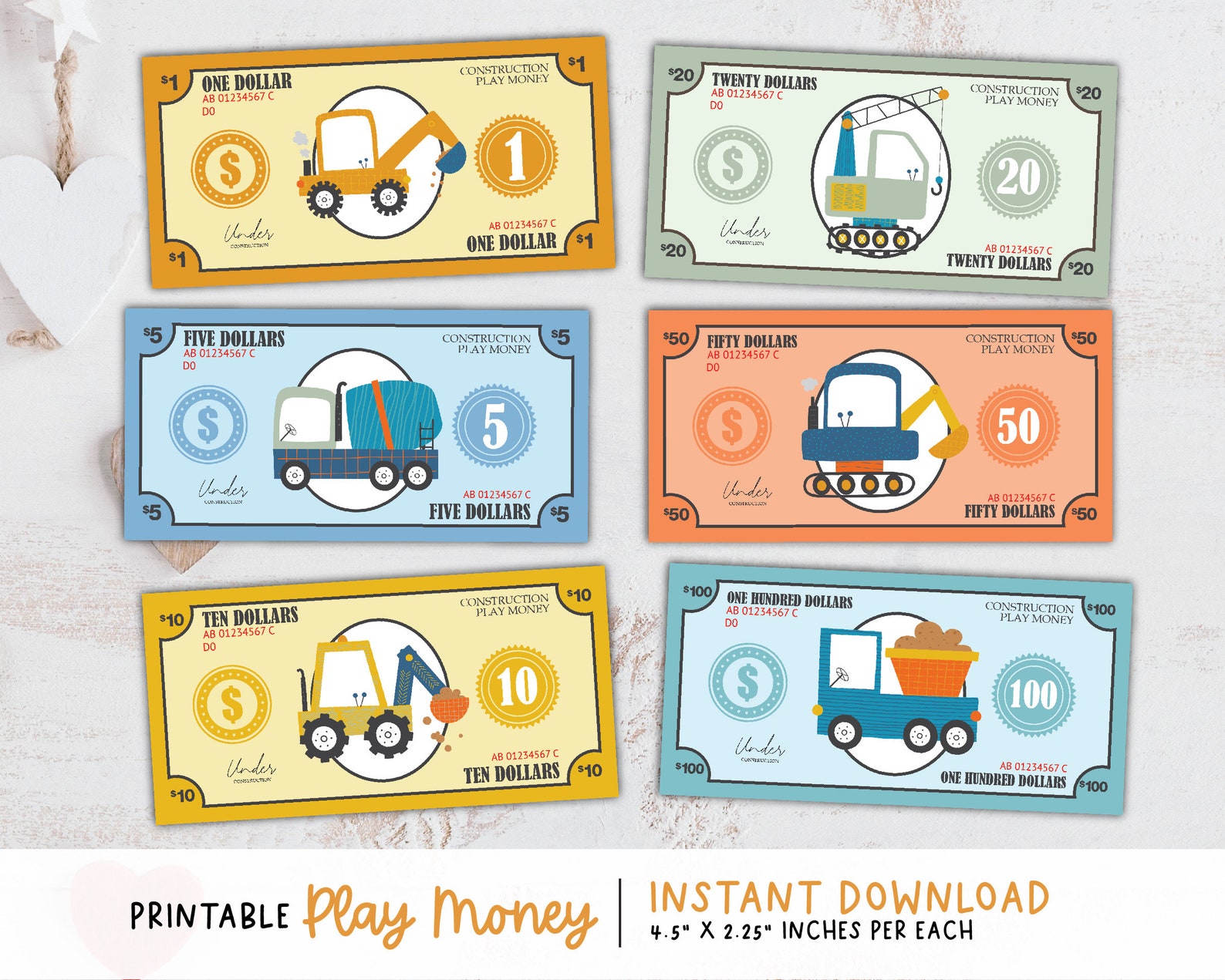 Construction Truck Play Money Printable Construction Bucks - Etsy