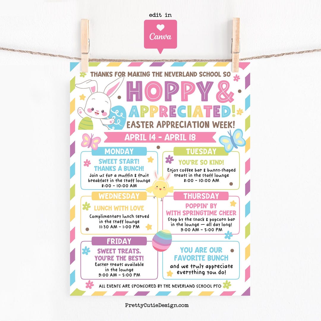 Teacher Appreciation Easter Week Poster, Colorful Daily Treat Plan ...