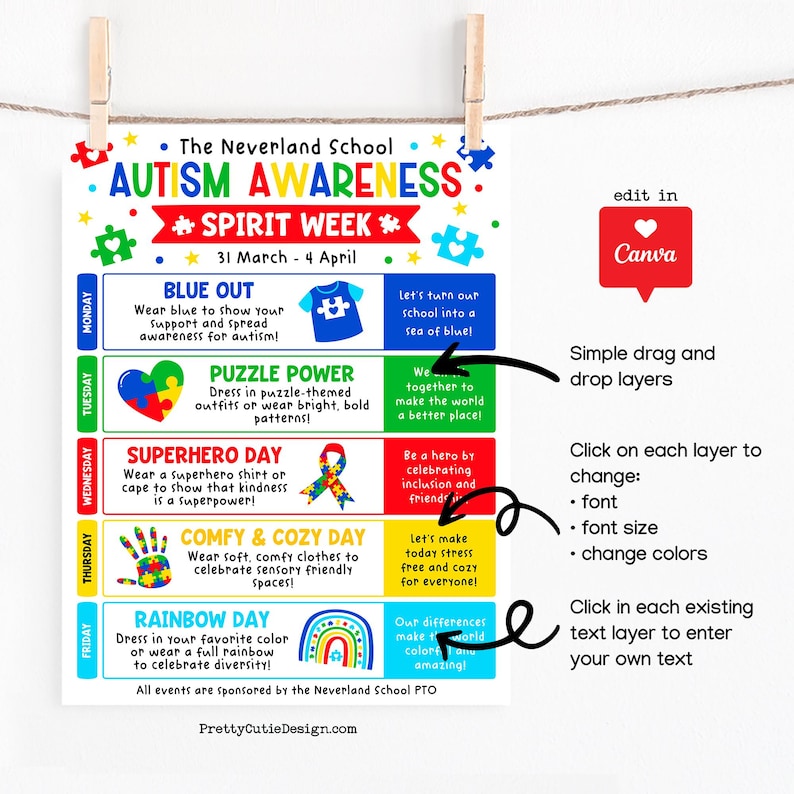 Autism Awareness Spirit Week Flyer Template, School Spirit Week ...
