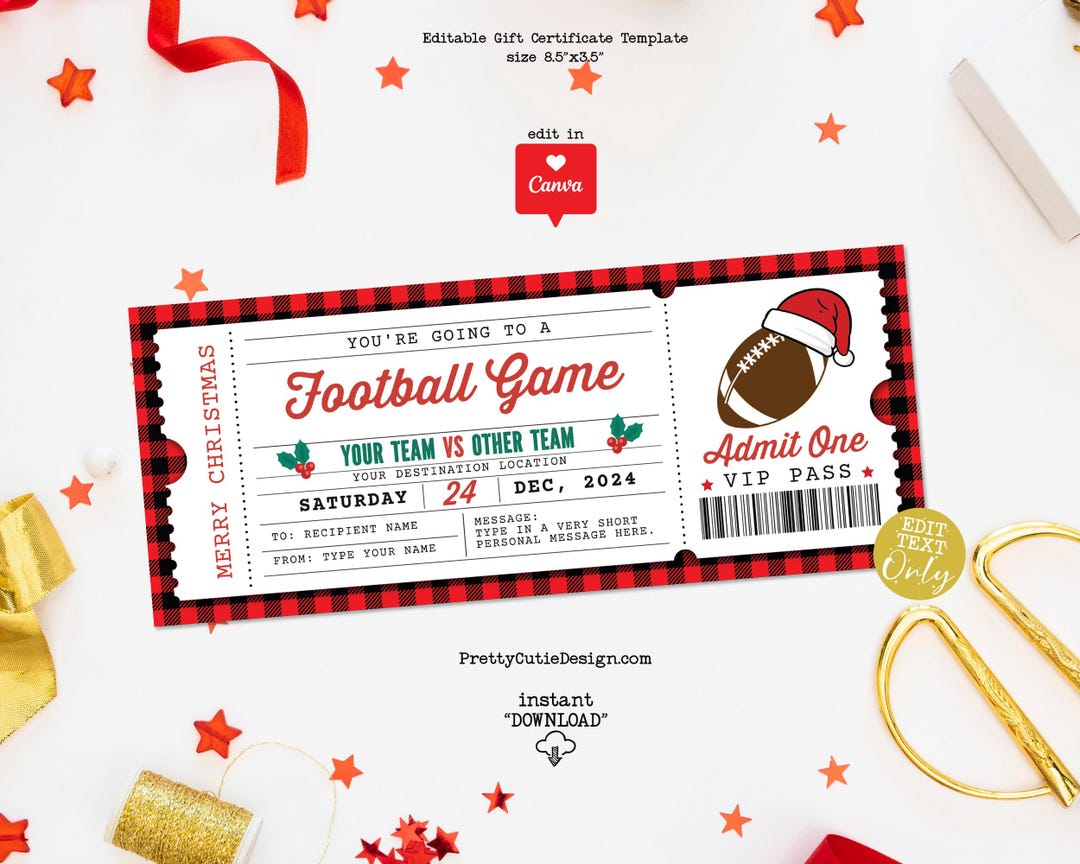 Editable Football Game Gift Voucher, Christmas Sports Ticket Coupon ...