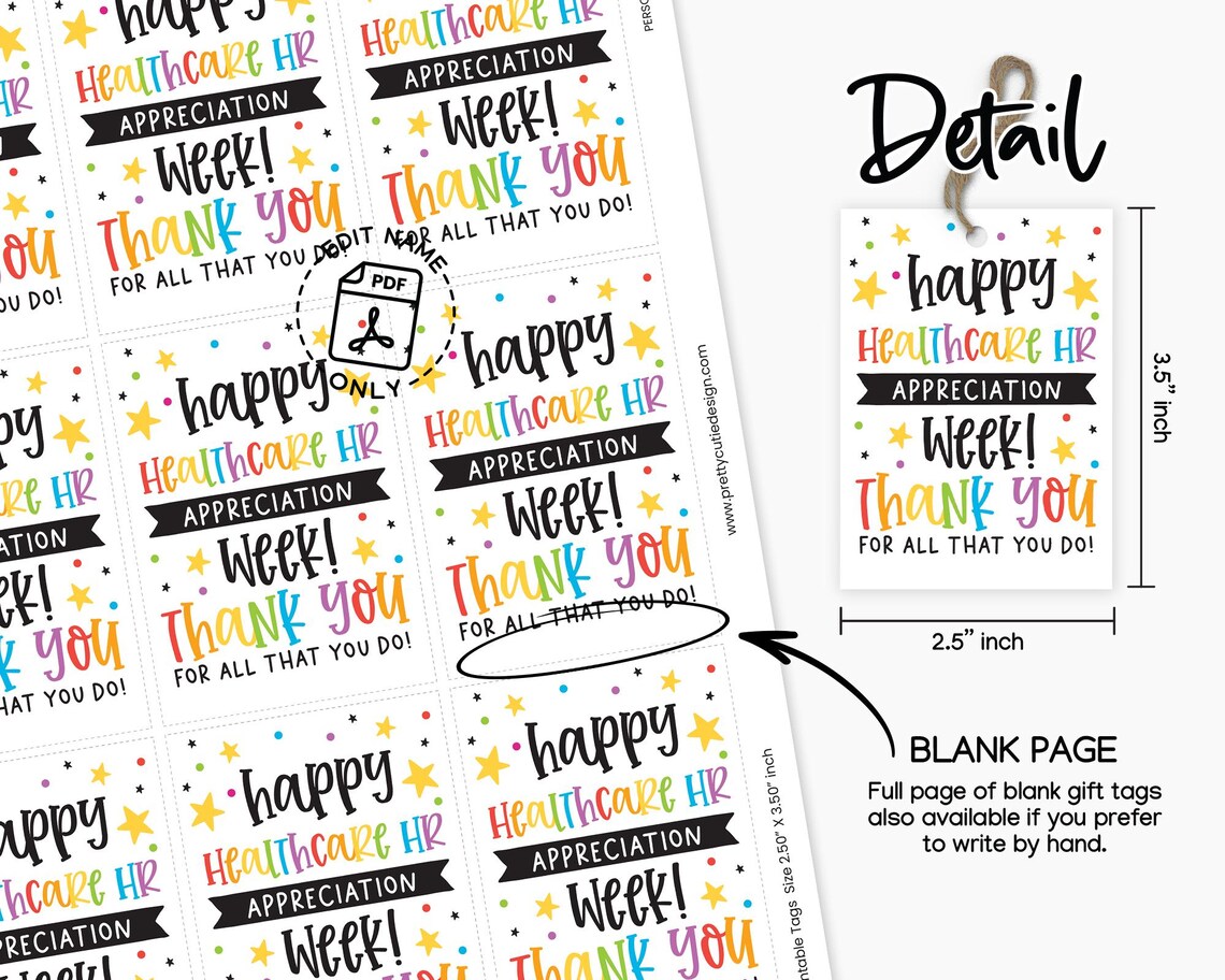 Healthcare HR Week Gift Tags: Printable Appreciation Favor (2.5”x3.5 ...