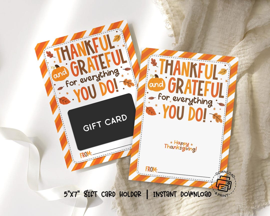 Thanksgiving Gift Card Holder Printable: Thankful Grateful Card for ...