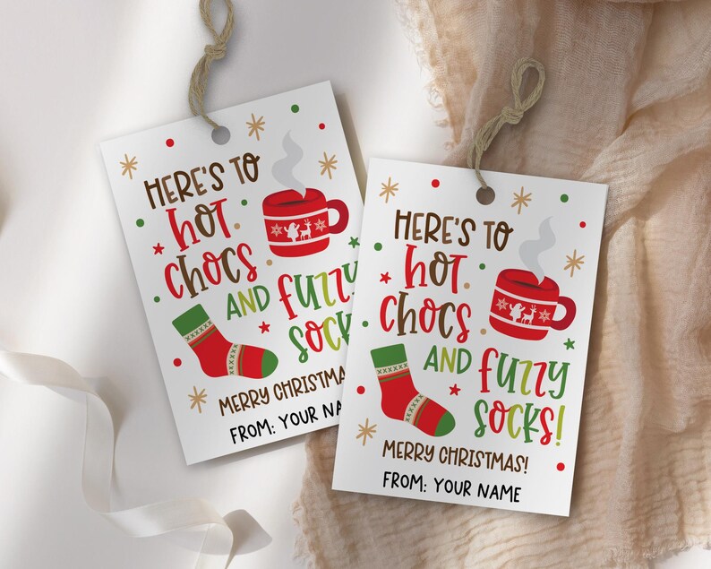Christmas Gift Tags Printable, Hot Chocs and Fuzzy Socks, Cozy Winter ...