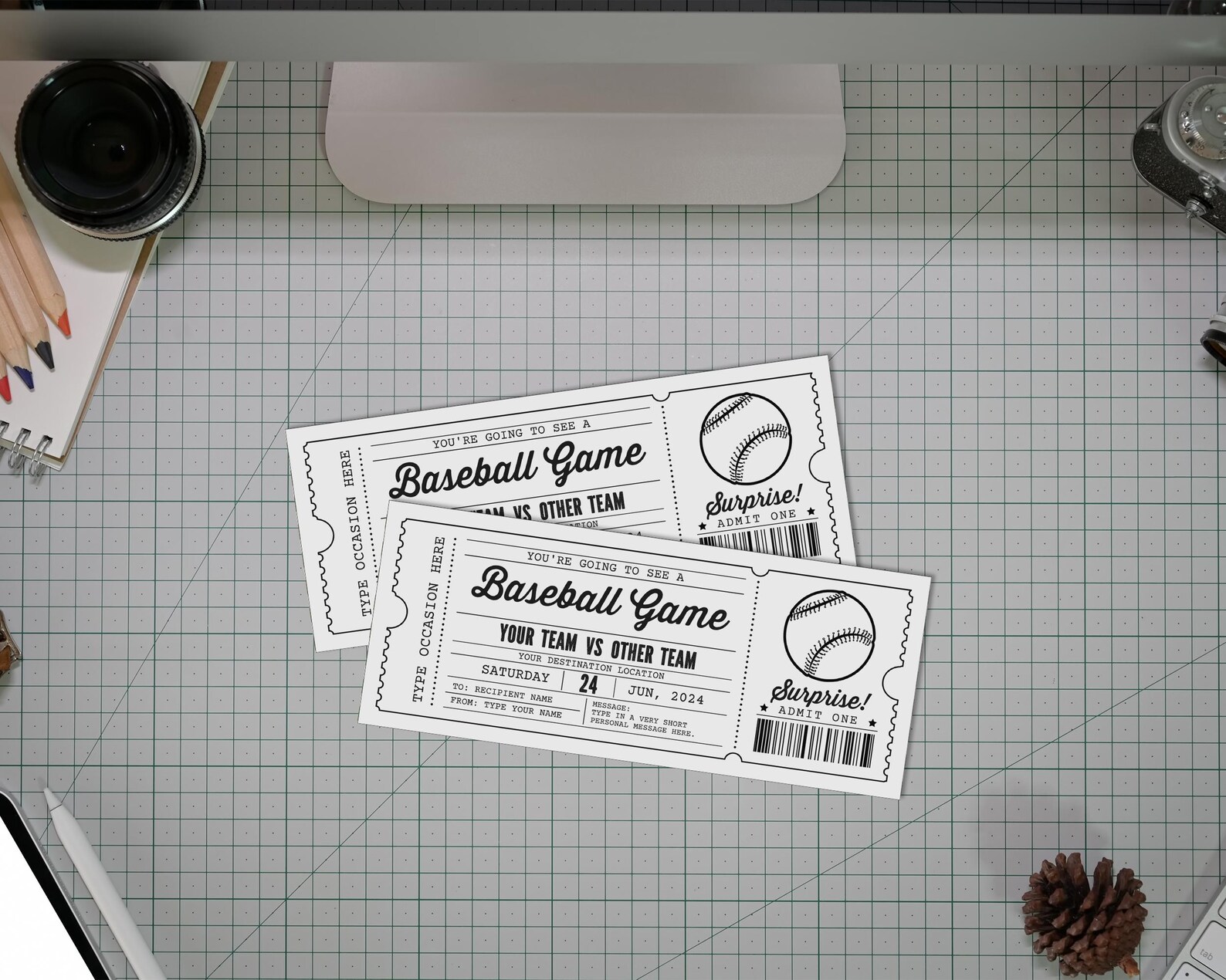 Baseball Game Ticket Gift Template: Printable Surprise Voucher (8.5x3.5 ...