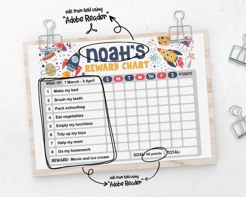 Rocket Reward Chart for Kids Simple Kids Editable Reward - Etsy