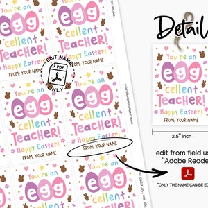Easter Printable Gift Tags, Eggcellent Teacher Easter Tag, Thank You ...