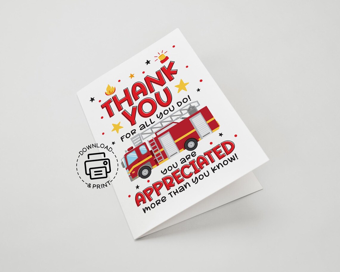 Firefighter Thank You Card: Fire Truck Design (PDF) - Etsy