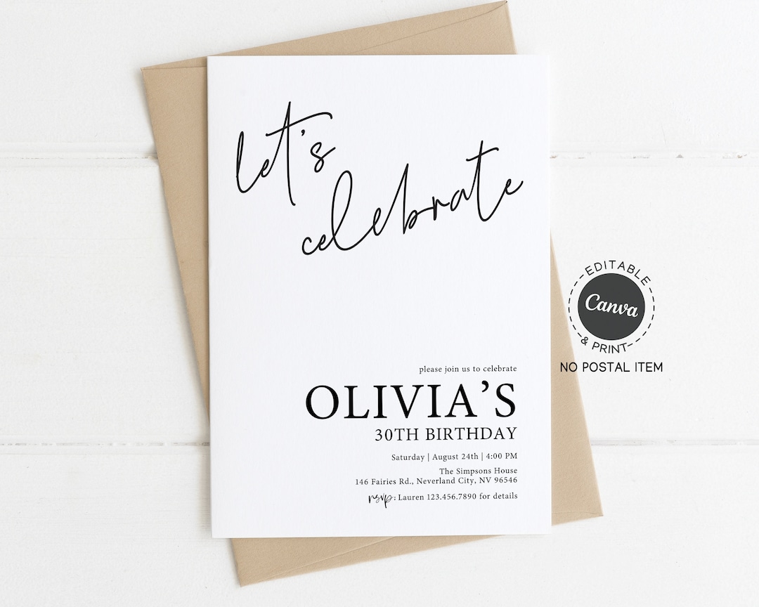 Minimalist Birthday Invitation Adult, Let's Celebrate Modern Birthday ...