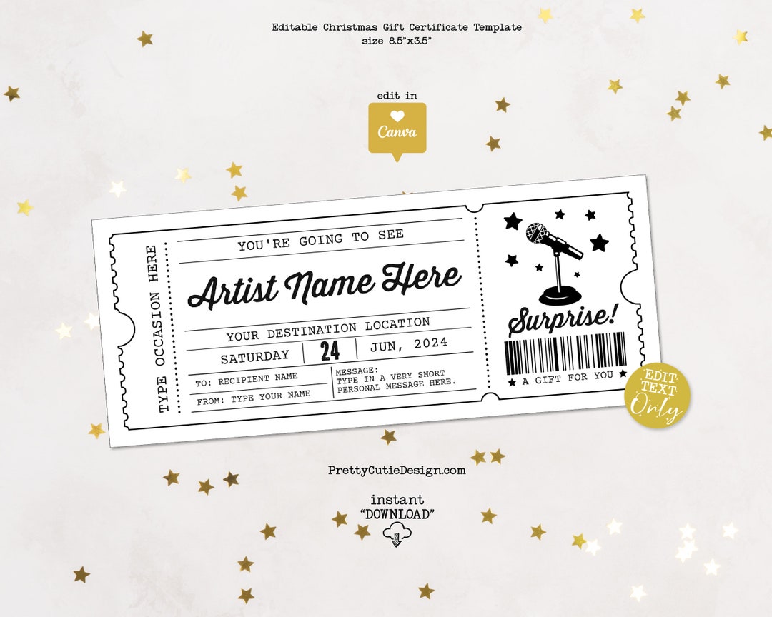 Editable Concert Gift Ticket Template Printable Voucher, Birthday ...