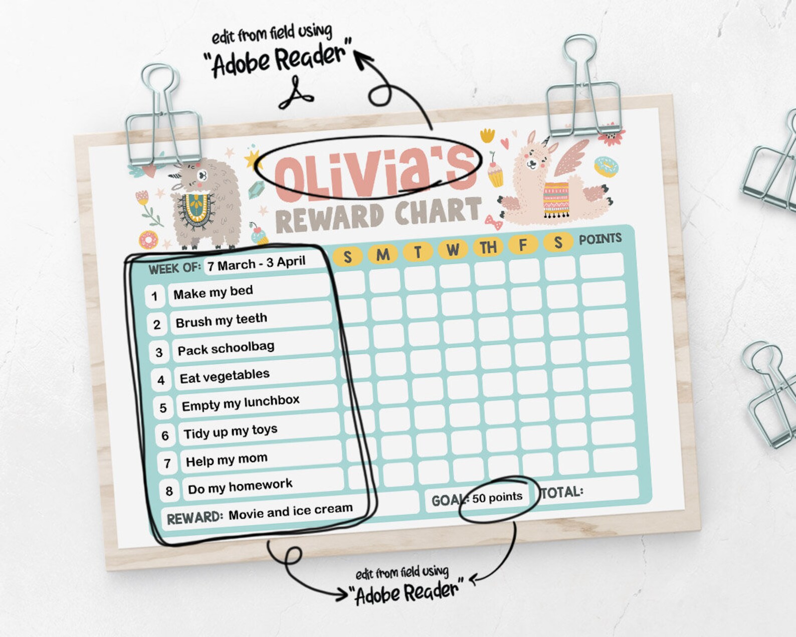 Llama Reward Chart for Kids Simple Kids Editable Reward Chart - Etsy