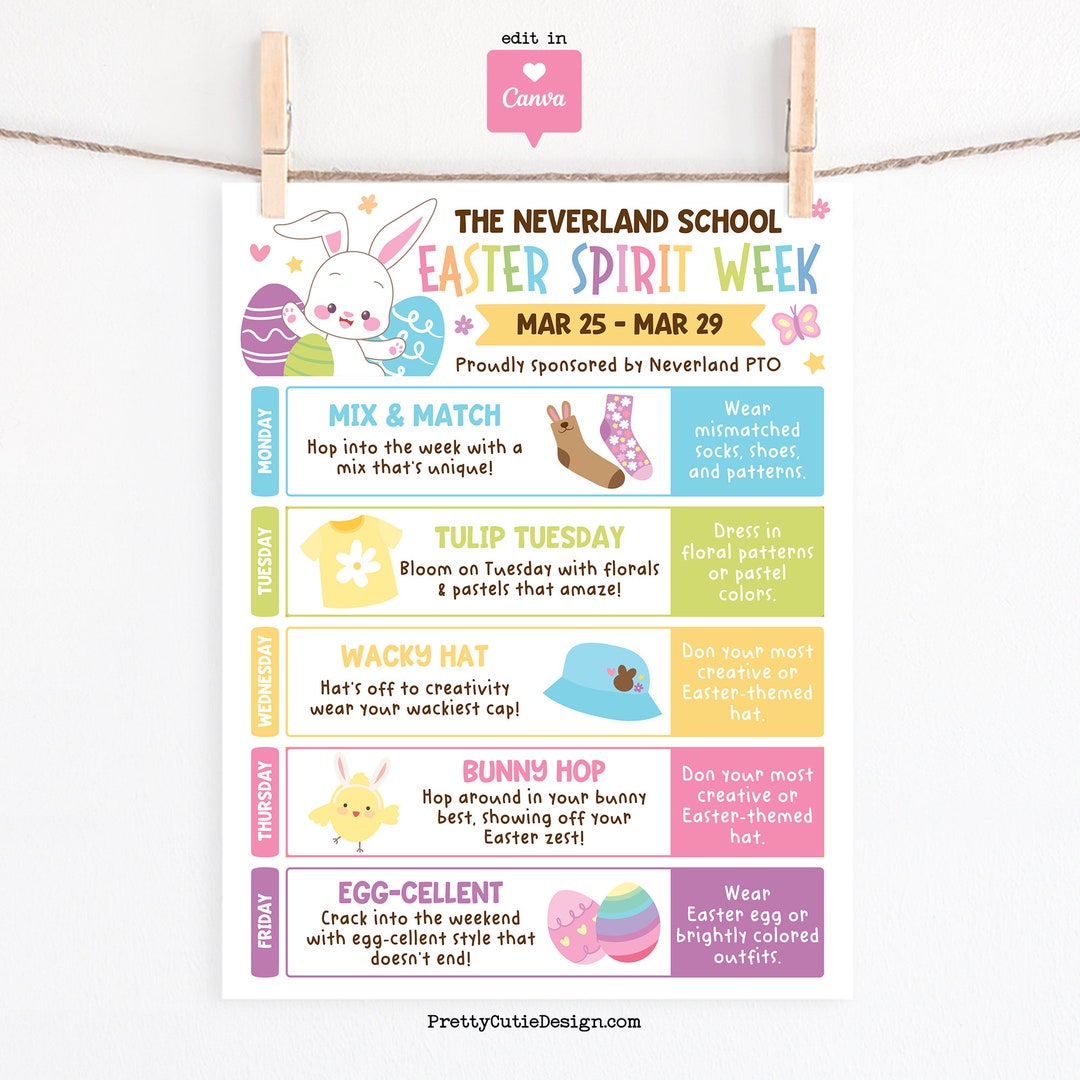 Easter Spirit Week Flyer Template, School Spirit Week Template, Spirit ...