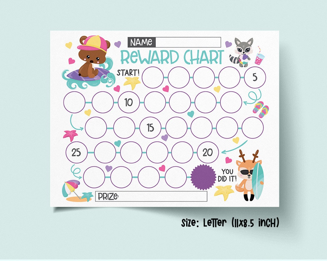 Summer With Animals Reward Chart for Kids Simple Kids Reward | Etsy