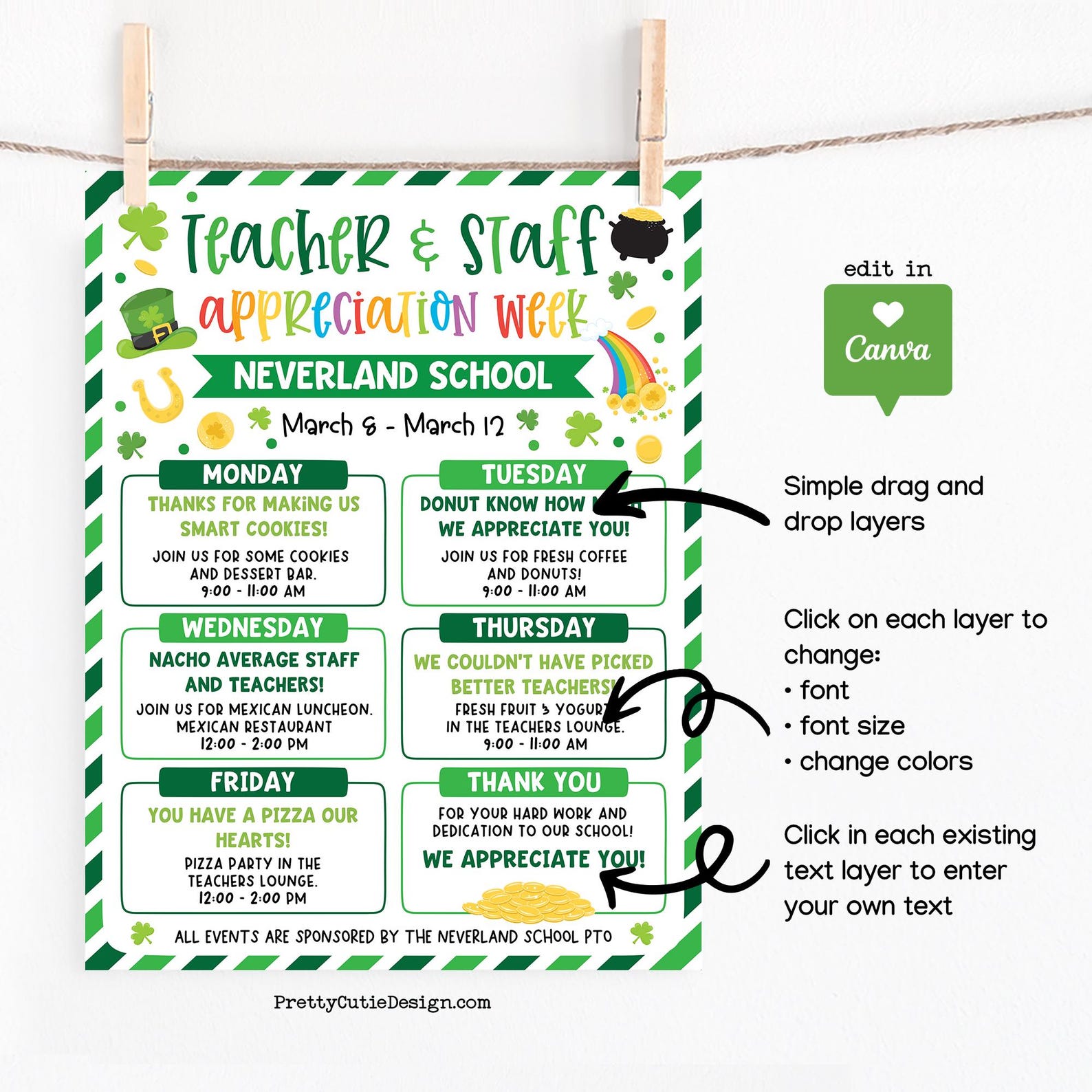 Editable St Patricks Day Teacher Appreciation Week Itinerary Flyer ...