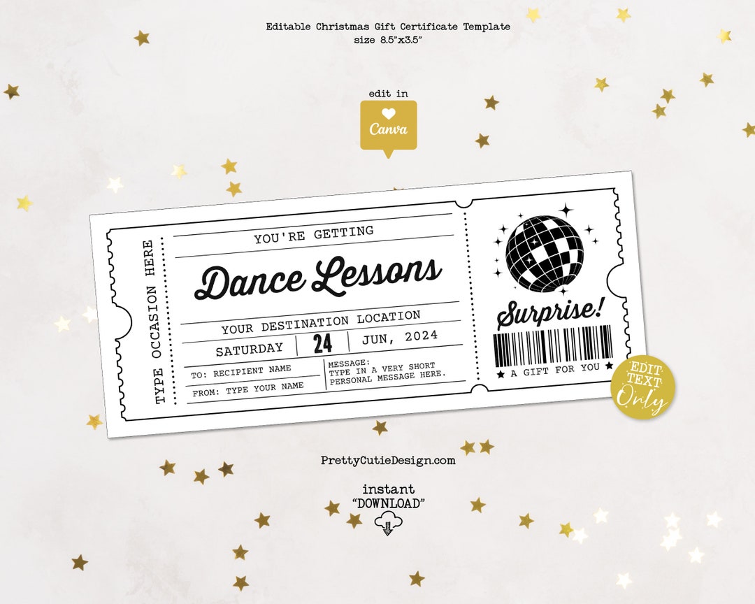 Surprise Ticket Dance Lessons Gift Certificate Template Editable, Dance ...