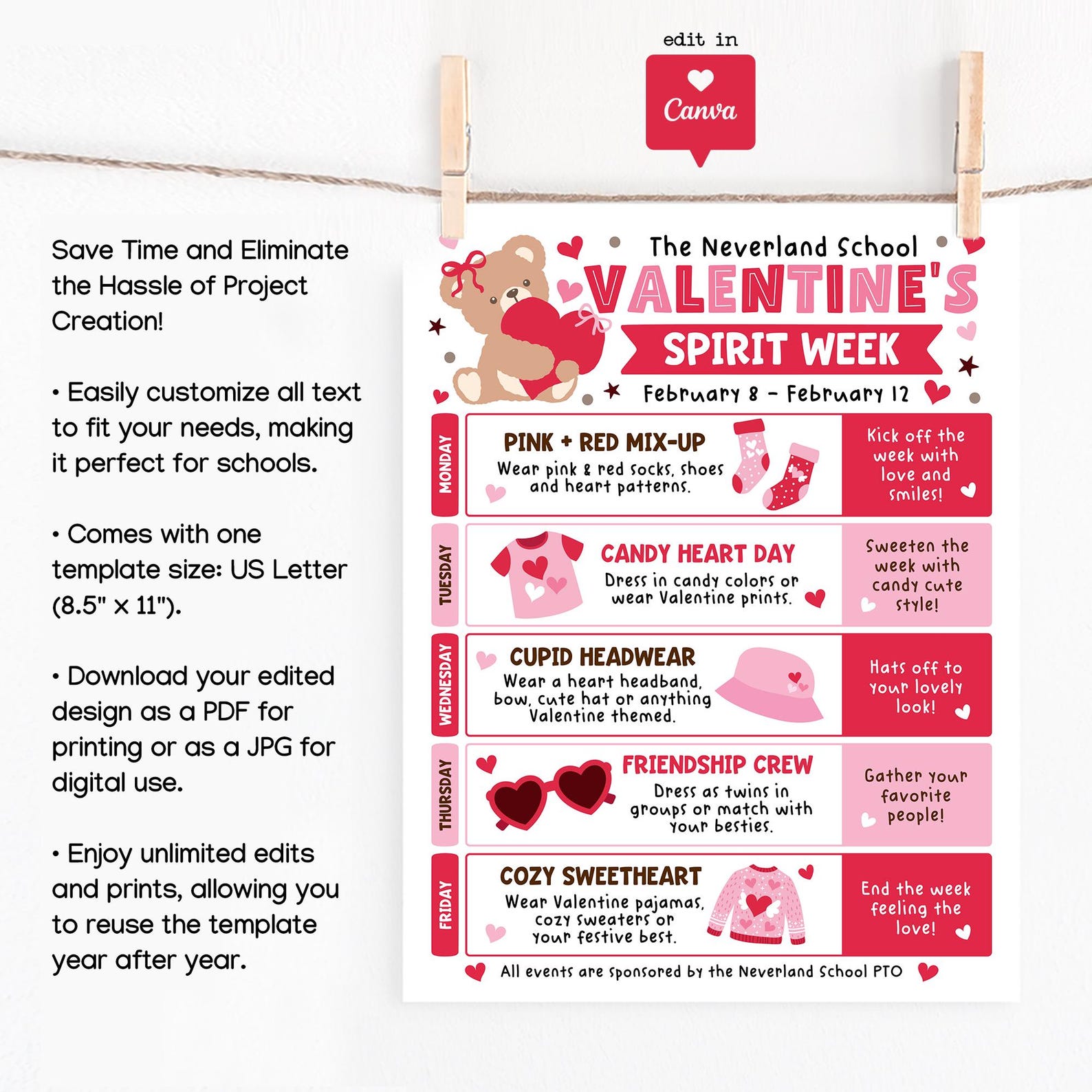 Valentine Spirit Week Flyer Template, School Dress up Days Schedule ...