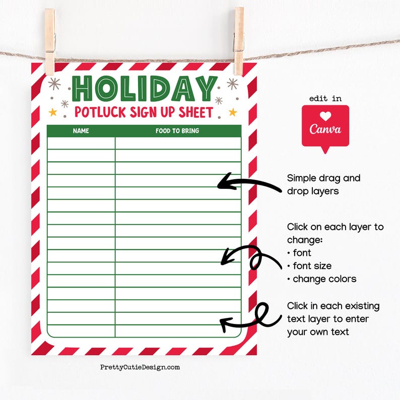 Holiday Potluck Sign up Sheet, Canva Template, Christmas Party Food ...