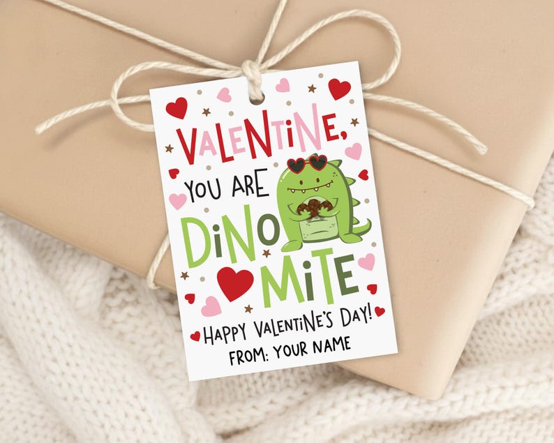 Dino-mite Valentine Gift Tags, Printable Dinosaur Classroom Favor, Kids ...