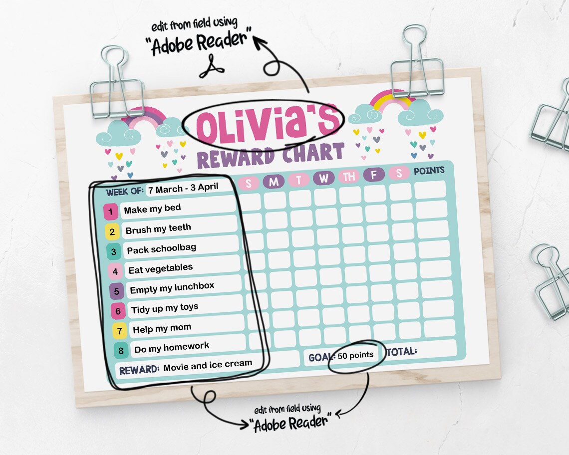 Rainbow Reward Chart for Kids Simple Kids Editable Reward - Etsy Canada