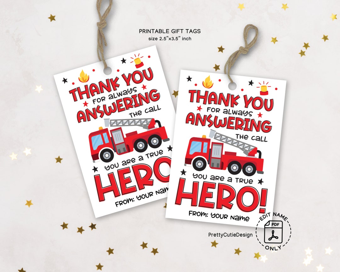 Firefighter Appreciation Tags Printable, Thank You Firefighter Gift ...