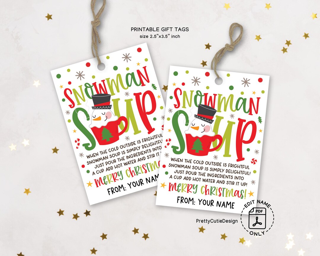 Snowman Soup Gift Tag Printable, Hot Cocoa Christmas Favor Tag, Holiday ...