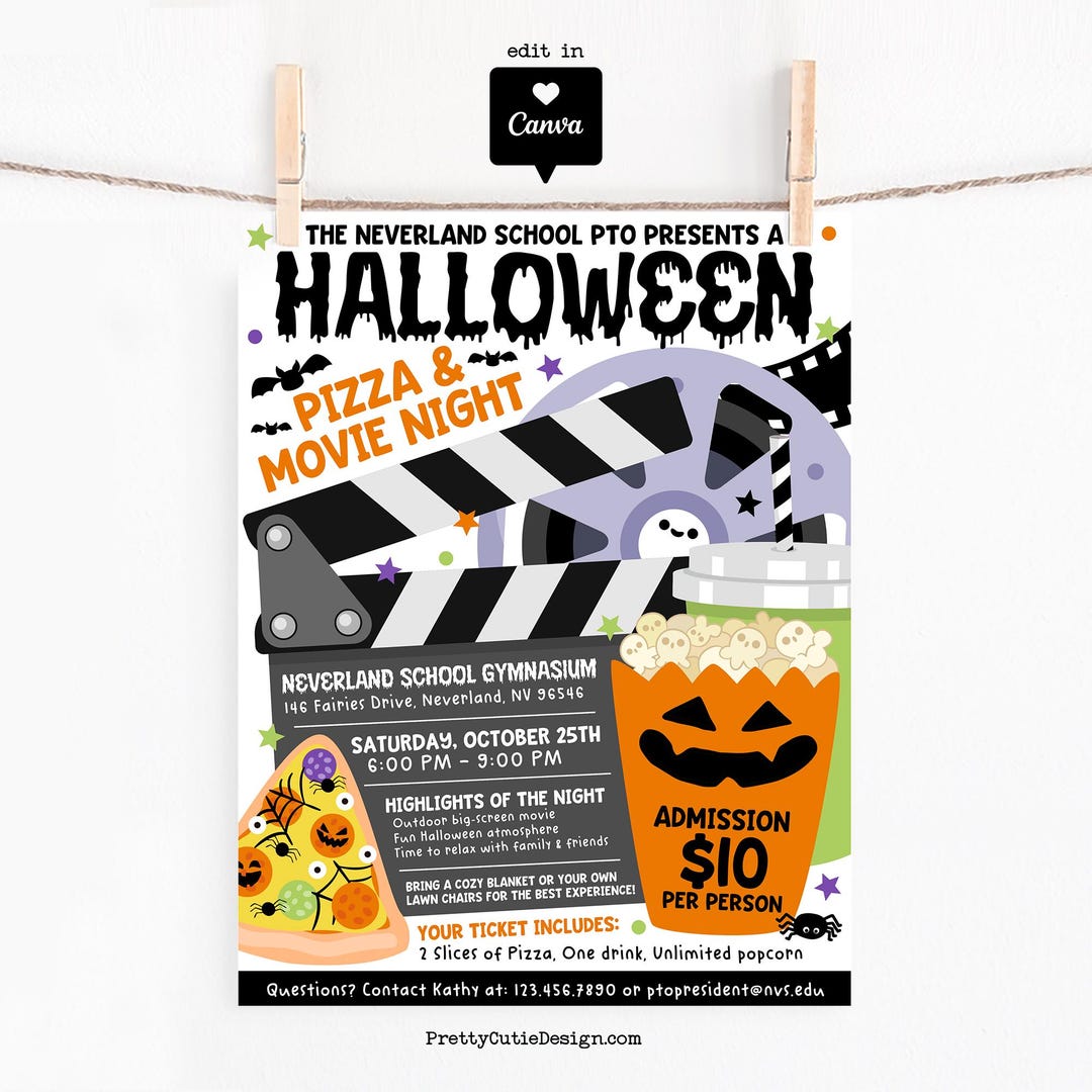 Halloween Movie Night Flyer Template: Pizza Party Poster, Editable ...