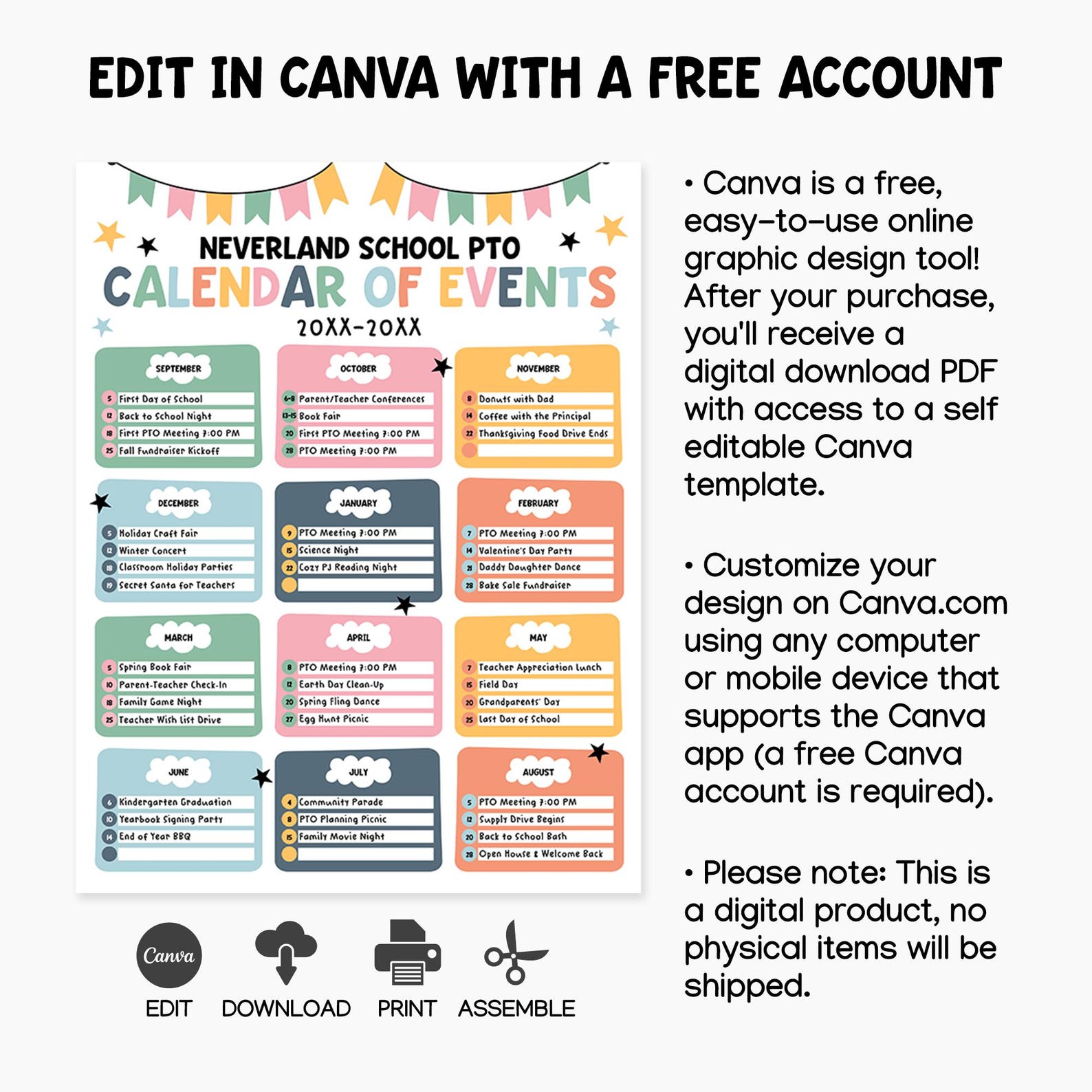 Editable School Calendar Template: PTA PTO Events Planner (canva ...