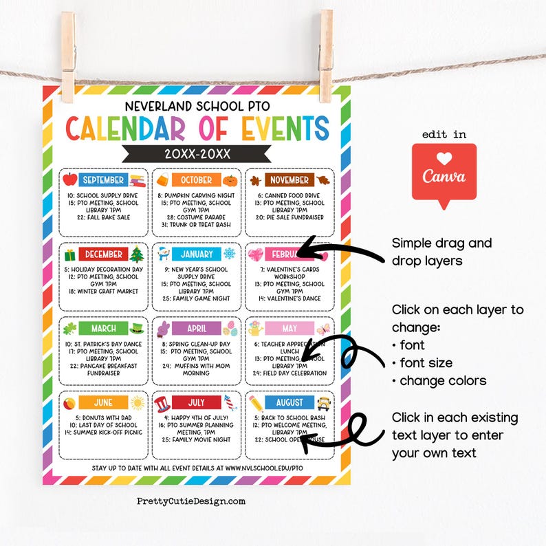 School Calendar Template: PTO PTA Events Planner, Editable Canva Design ...