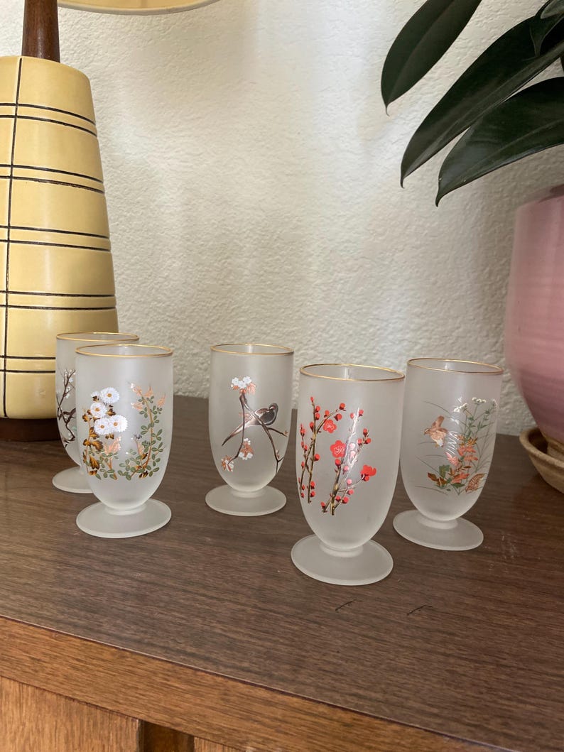 Set of (5) Vintage Aderia Ishizuka Japan Frosted Glass Floral Blossom and Birds Tumbler Barware ...