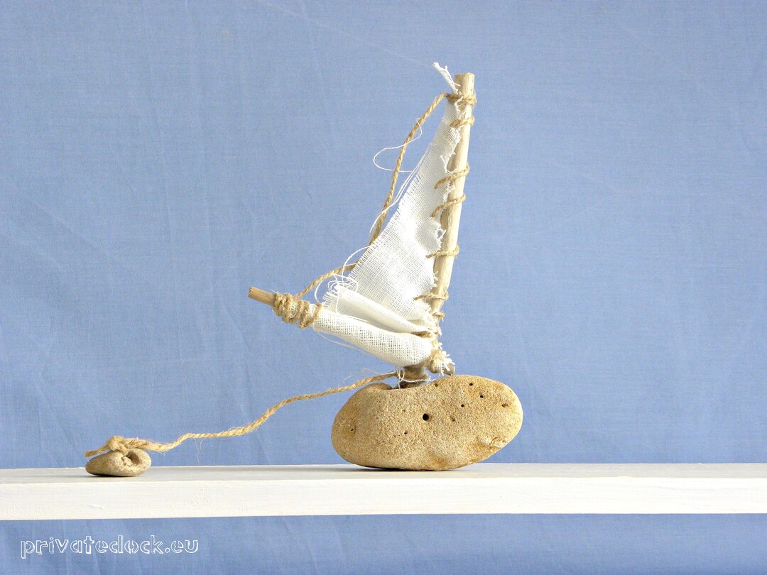 Sailboat With Anchor Beach Stone, Driftwood, Linen. Natural Sculptures ...