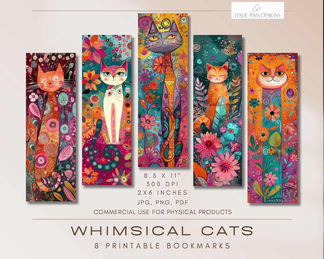 Cute Whimsical Cat Printable Bookmarks, 8 Quirky, Cute Bookmarks | PNG ...