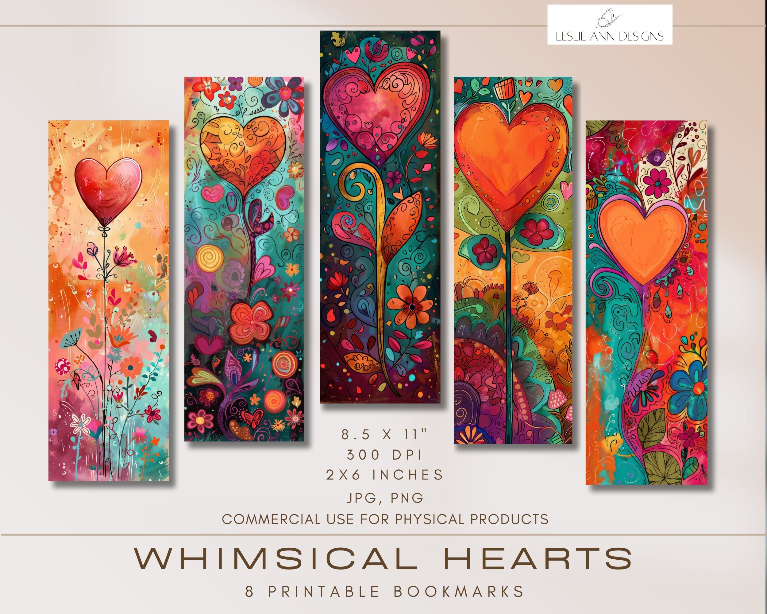 Cute Whimsical Heart Printable Bookmarks, 8 Quirky, Cute Bookmarks PNG ...