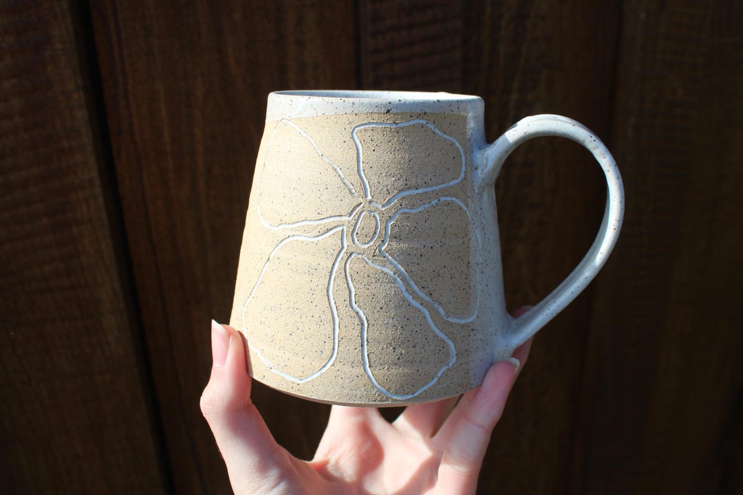 White Retro Flower Carved Mug, Wheel Thrown, Ceramic - Etsy