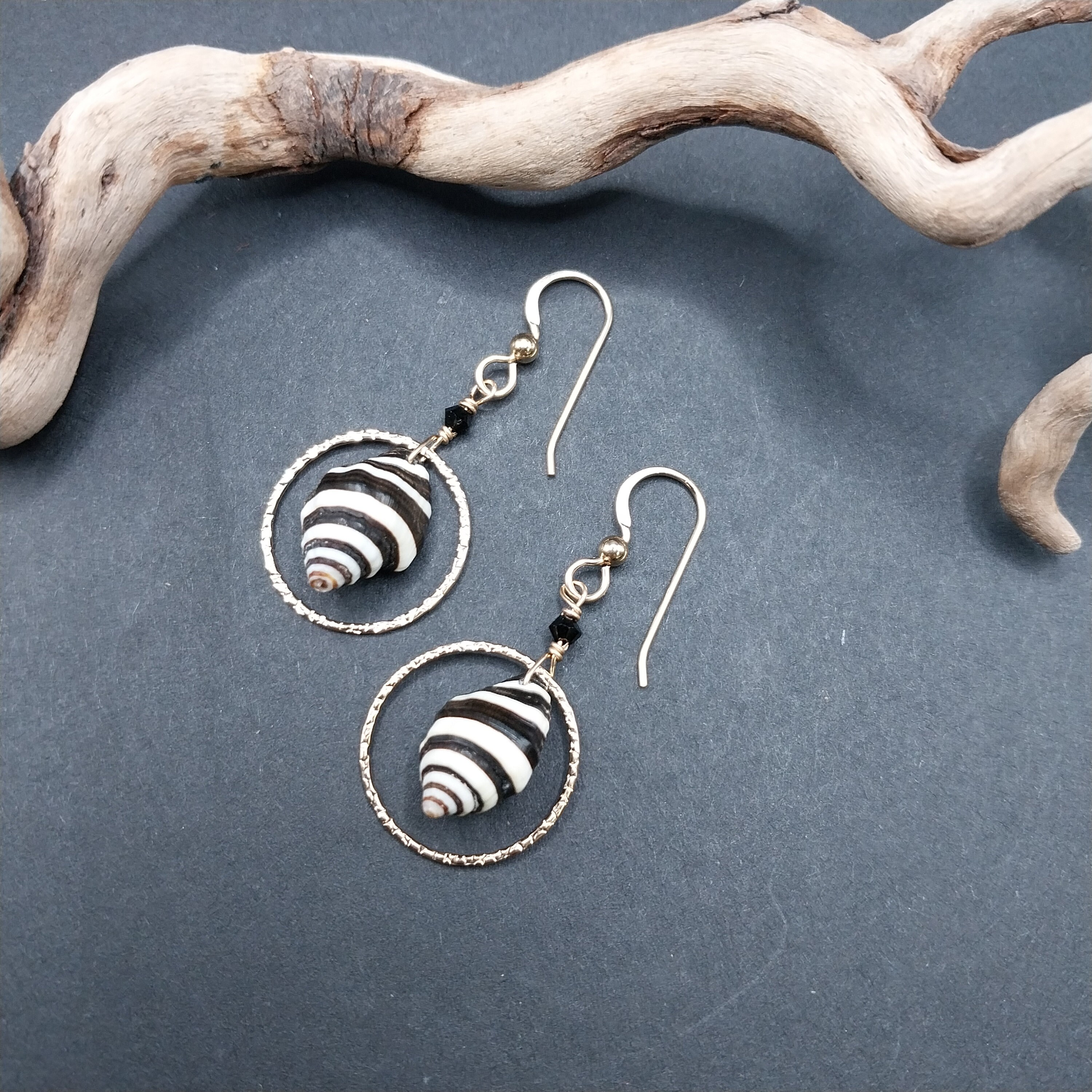 Black and White Beehive Shell Earrings With Gold Hoops, Gold Hoop and ...