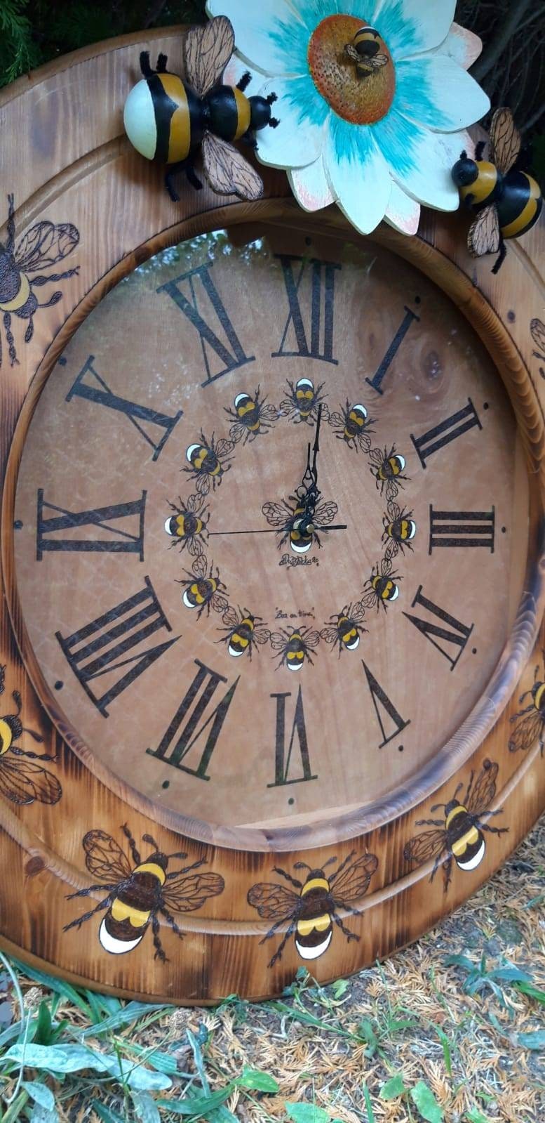 Large Wooden Clock. Hand Crafted Bee Clock with woodburning detail of ...