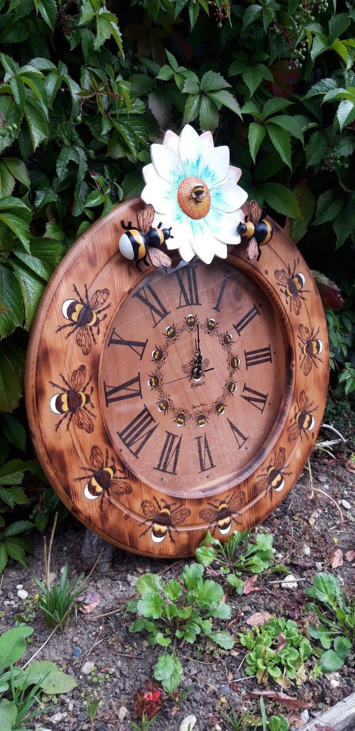 Large Wooden Clock. Hand Crafted Bee Clock with woodburning detail of ...