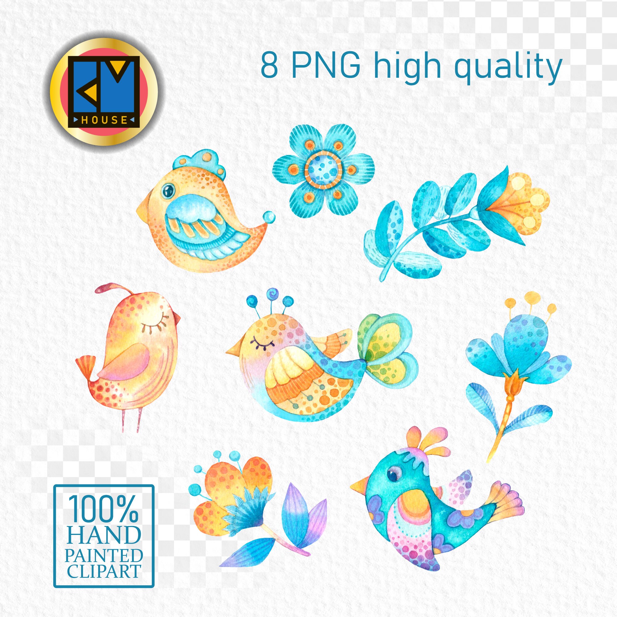 Watercolor Clipart Birds and Flowers. Transparent Digital PNG High ...