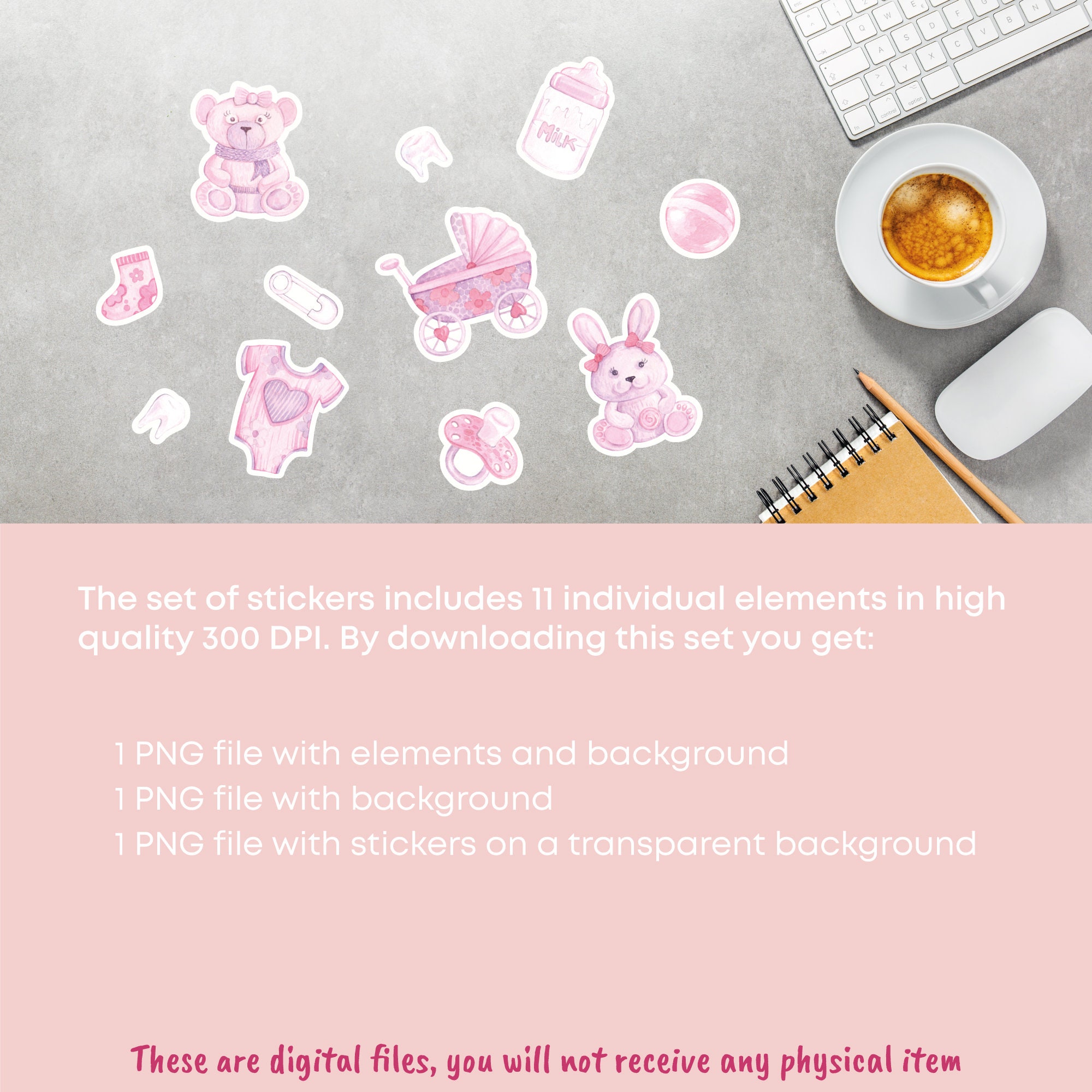 PNG Watercolor Stickers With Things for a Baby Girl. Stroller, Bottle ...