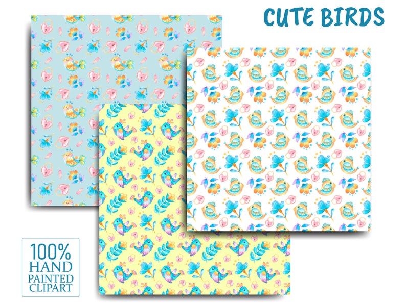 Cute Birds Digital Paper. Cartoon Seamless Patterns With Hand-drawn ...