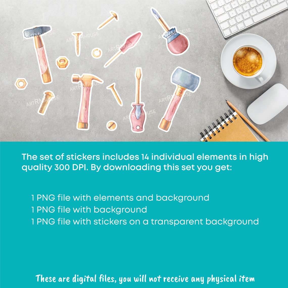 PNG Watercolor Stickers With Hand Tools. Cute Illustrations for Planner ...