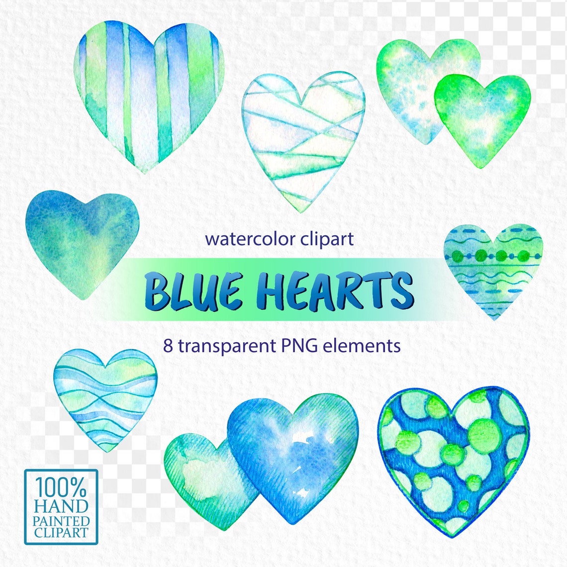 Watercolor Clipart Blue Hearts. Transparent 8 Png High Quality Elements ...