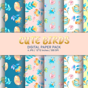 Cute Birds Digital Paper. Cartoon Seamless Patterns With Hand-drawn ...