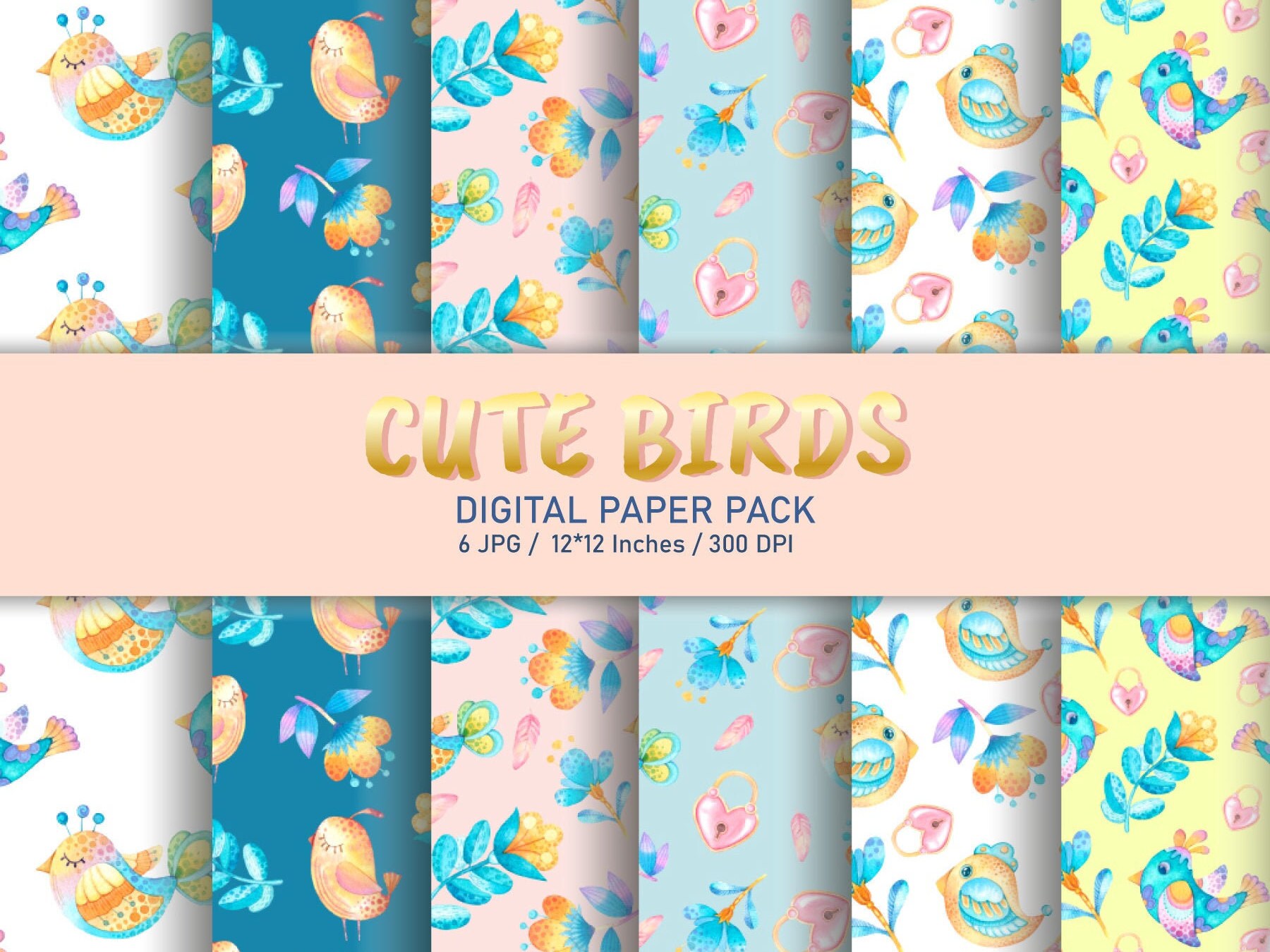 Cute Birds Digital Paper. Cartoon Seamless Patterns With Hand-drawn ...