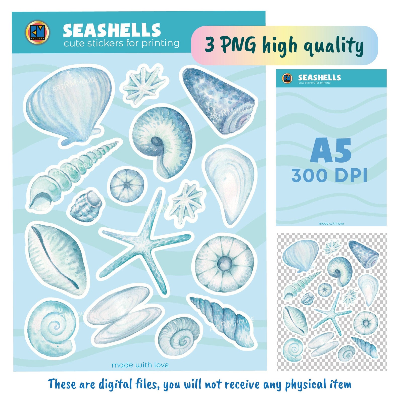 PNG Seashell Stickers.Digital Donload.Blue ocean stickers. Pegatinas de ...