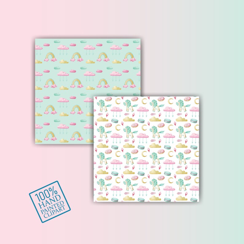 Digital Paper Pack Cute Unicorns. PNG Set of Watercolor Seamless ...