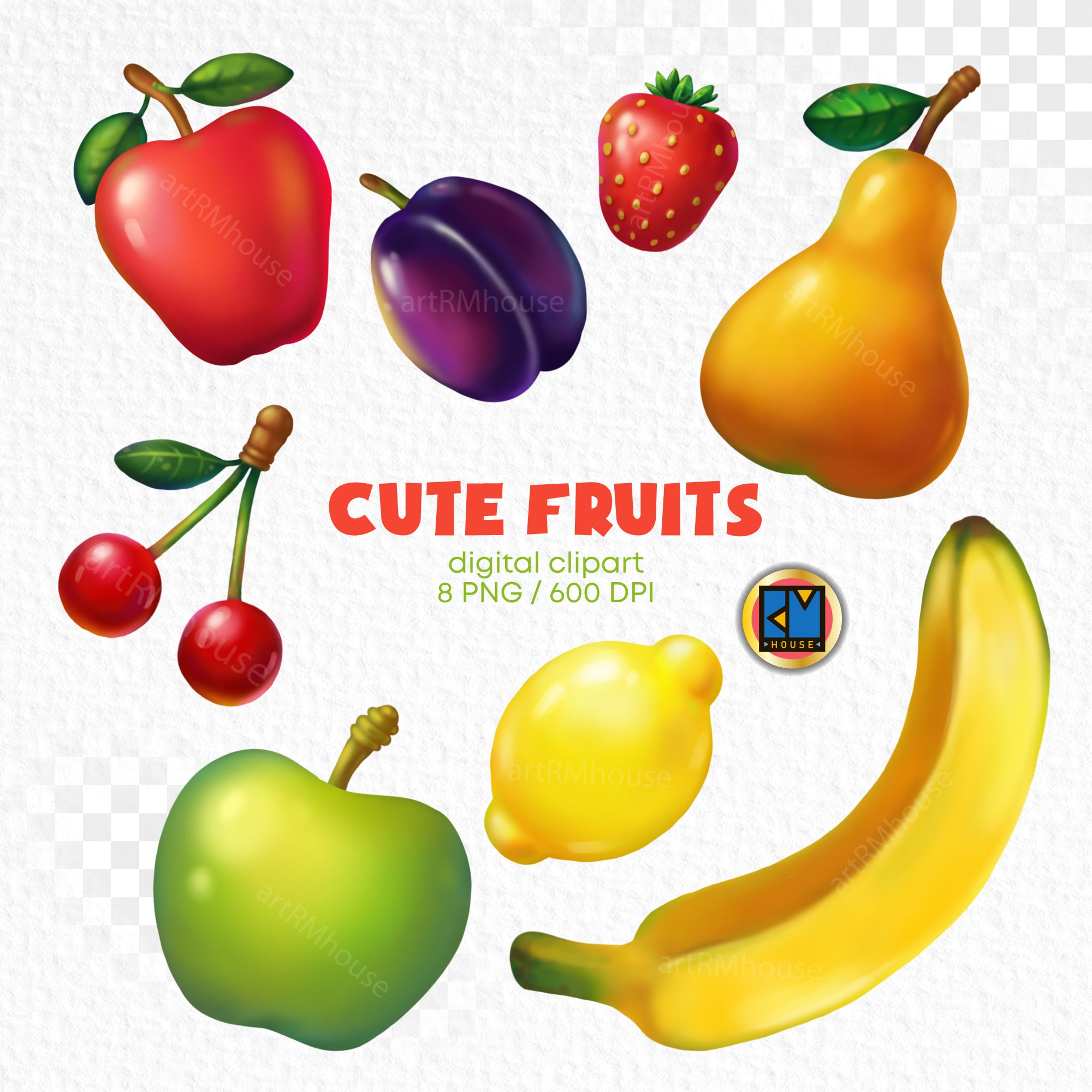 PNG Digital Clipart Cute Fruits on a Transparent Background. Banana ...