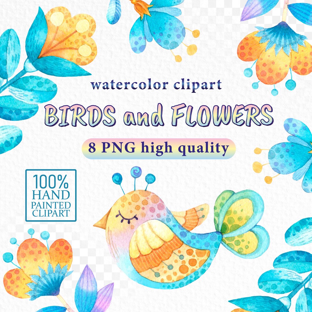 Watercolor Clipart Birds and Flowers. Transparent Digital PNG High ...