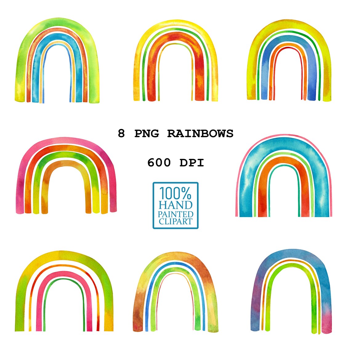 Watercolor Rainbow Clipart. Bright PNG Hand Drawn Illustration - Etsy